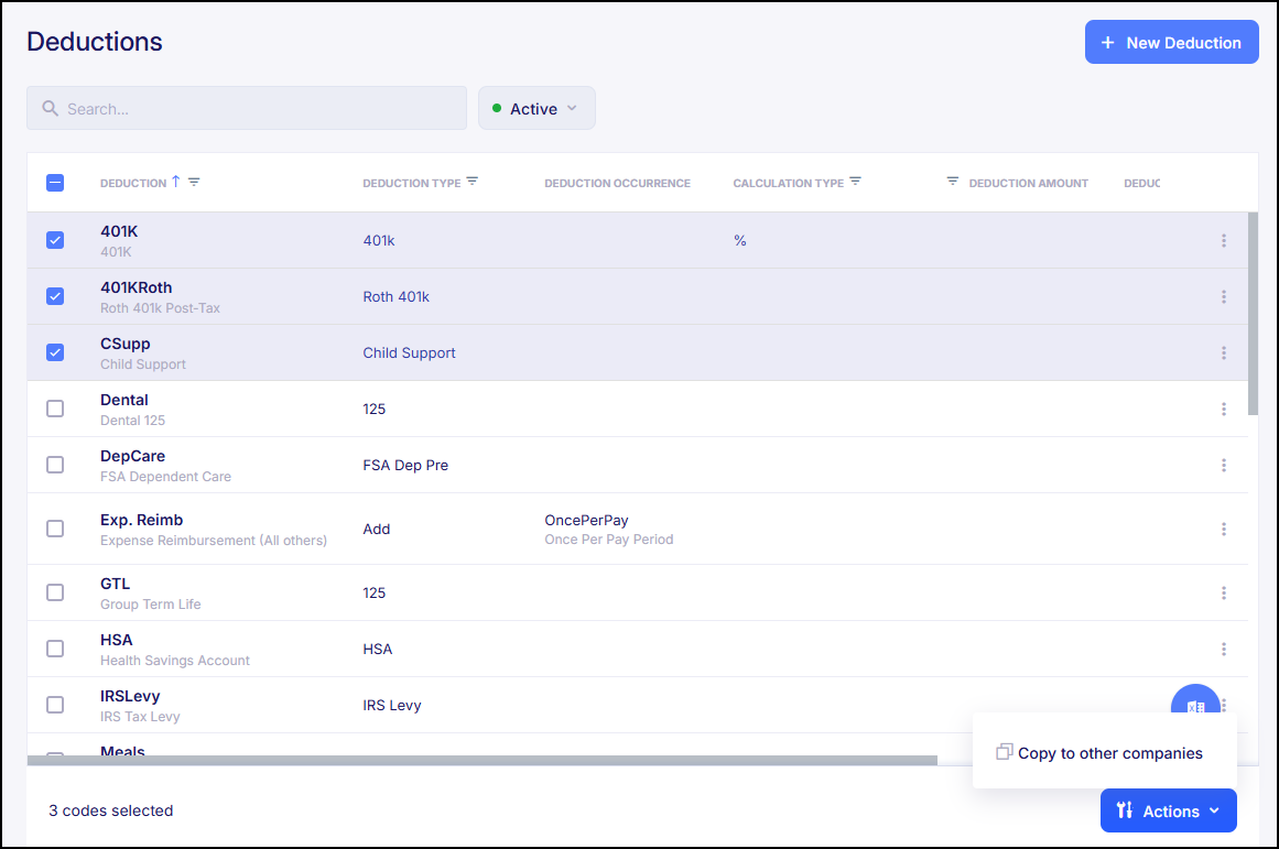 Company Deduction Code Setup