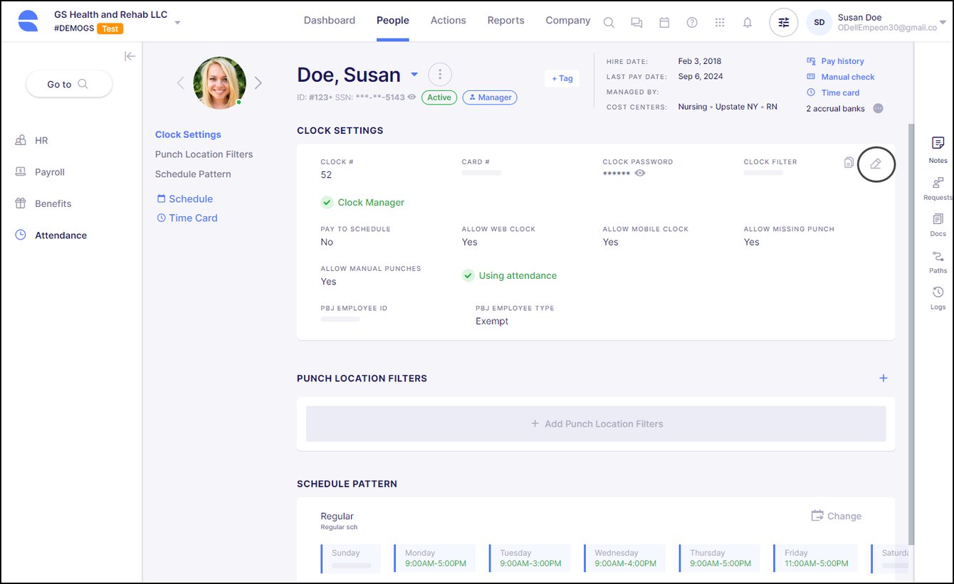 Employee Profile: Clock Settings